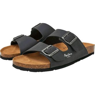 Pepe Jeans London Sandalen mit Doppelriemen und großen Schnallen, Bio M, Double Kansas, Schwarz, Schwarz, 42 EU