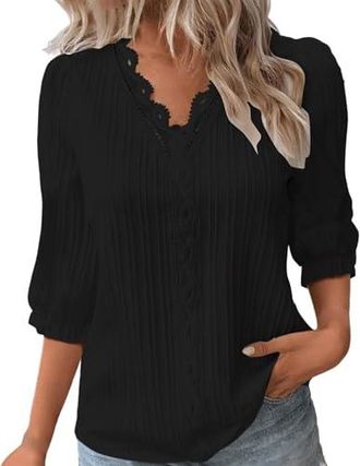 Generic HUIFUAO Tee Shirt Femme Coton Haut Dentelle Chemise Femme Manche 3/4 Tee Shirt Chemise Chic Et &eacute;l&eacute;gant Blouses Basique L&acirc;che Tunique Tops (Black, XXL)