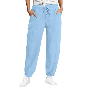 Generic Nuoke pantalon fluide femme &eacute;t&eacute;,Pantalon large en lin pour, d&eacute;contract&eacute;, ample, taille haute, pour la plage, avec poches Short Pyjama Carreaux (Sky Bl