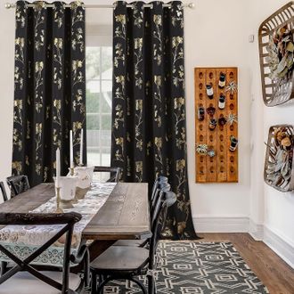 Generic Goldene Blumen Gardinen Blackout Vorh&auml;nge Wohnzimmer H 200 x B 140 cm Thermovorhang K&auml;lteschutz, Verdunklungsvorh&auml;nge Raumteiler mit &Ouml;sen Vintage Vorh