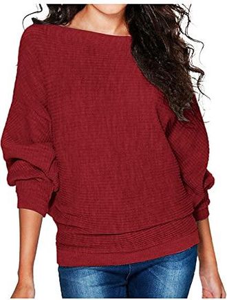 Generic Pull en coton tricoté pour femme - Manches chauve-souris - Sweat-shirt à manches longues - Élégant - Couleur unie - Grandes tailles - Décontracté - Ha
