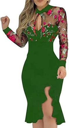 Generic Robes amincissantes d&eacute;contract&eacute;es &agrave; manches longues et col rond en maille fine fendue motif floral robe &agrave; volants ourlet dentelle 2026, Vert, M