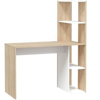 PEGANE Table du bureau, meuble du bureau r&eacute;versible avec &eacute;tag&egrave;re en bois coloris Blanc artik, ch&ecirc;ne canadien - hauteur 136 x longueur 110 x profondeur 52 cm