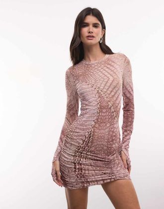 AFRM Mirza Mesh-Kleid mit Rundhalsausschnitt, Raffdetail und Bodycon-Schnitt, Mini, mit braunem Kroko-Print-Blau