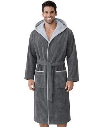 Morgenstern Peignoir Homme Coton avec Capuche Taille M Gris/Beige 2 Poches et Ceinture Doux, Absorbant et Confort,M,Gris / Beige