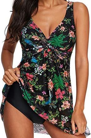 Ocean Plus Femme Élégant Maillots Une pièce Dos Nu à Col en V Dentelle Coloré Tankini Robes de Bain Tenue de Plage (EU 46-48 (XL), Fleurs Vertes)