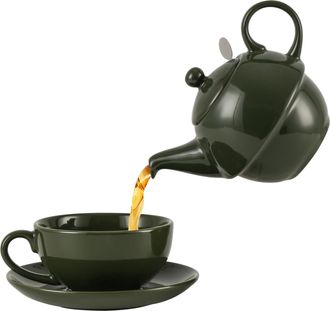 London Pottery Globe Filter-Teekanne, Tasse und Untertasse, f&uuml;r ein Set, Keramik, gr&uuml;n, f&uuml;r losen Tee, Geschenk (Teekanne, 500 ml, Tasse, 300 ml)