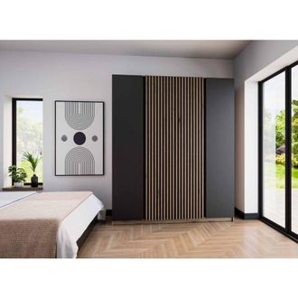 Furnix Der Kleiderschrank Timotes 200 cm mit Lamellen Türen Schwarz Braun - Furnix