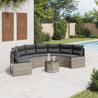 vidaXL Gartensofa mit Tisch und Kissen Halbrund Grau Poly Rattan Vidaxl