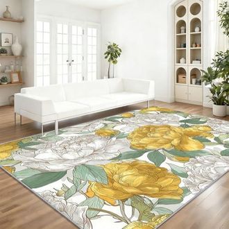Generic Tapis de Salon Chambre Salle &agrave; Manger Adulte Bureau Design Pivoines Aquarelles Peintes &Agrave; La Main Poil Court Fin Doux L&eacute;ger R&eacute;sistant 140 x 200 cm, Jau