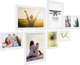 Photolini Bilderrahmen Set Weiß, Fotorahmen Holz MDF, 8er Bilderrahmenset Wand Collage, photo frames for wall mit Acrylglas aufhängen, weiße Bilderrahmen Set ve