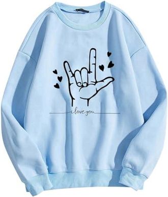 Generic Sweat-shirt &agrave; manches longues et col rond imprim&eacute; coeur I You pour femme, bleu, XXL