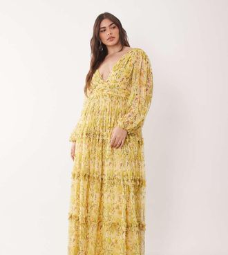 Lace & Beads Plus Lydia - Robe longue en tulle &agrave; fleurs &agrave; volants &eacute;tag&eacute;s avec manches ballon et d&eacute;collet&eacute; plongeant - Jaune