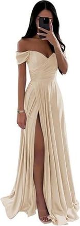 Generic Robe de demoiselle dhonneur à épaules dénudées en satin avec corset fendu, robe de soirée formelle pour femme, champagne, 38