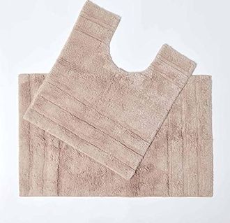 Homescapes Tapis de Bain antidérapant 50 x 80cm + Contour WC 50 x 55cm, Lot de Tapis de Bain en Pur Coton Ultra Doux, Couleur Beige
