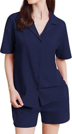 Ekouaer Pyjama Femme Coton Vêtements de Nuit Été Court Ensemble de Pyjama Boutons, Bleu foncé S