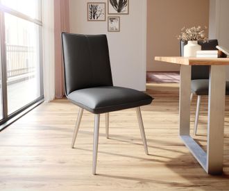 DELIFE Esszimmerstuhl Lelio-Flex Echt-Leder Schwarz 4-Fuß konisch Edelstahl Taschenfederkern, Esszimmerstühle