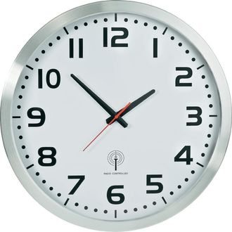 Eurotime Funkwanduhr, 50 cm, Silber, Aluminium, Echtglas, klares 12-Zahlen-Zifferblatt, automatische Zeitein- und Zeitumstellung, f&uuml;r Wohnbereich oder B&uuml;ro, wa