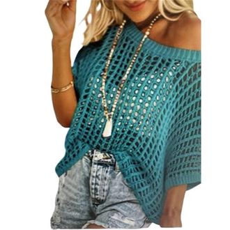Generic Haut en tricot &eacute;labor&eacute;, pull &agrave; manches courtes pour femme, hauts en crochet pour femme, vert clair, XXL