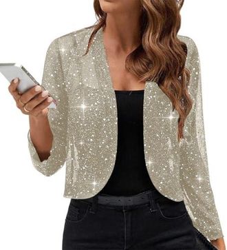 Onsoyours Bol&eacute;ro Femme &Eacute;l&eacute;gant Cardigan Festive Soir&eacute;e Jacke Paillette Gilet L&eacute;ger Manches Longues Blazer Court Ouvert Devant Veste Mince Manteau A Kaki XXL