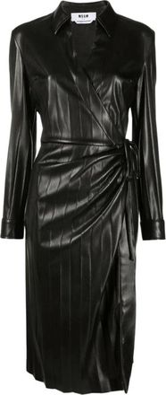 Msgm Msgm, Femme, Robes, Noir, Taille: 40 FR Pleated Faux-Leather Wrap Dress
