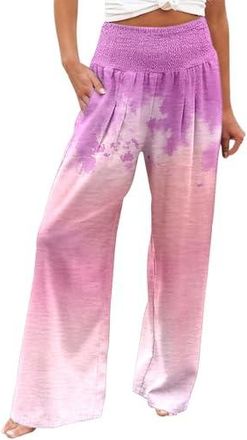 Generic Pantalon en coton et lin pour femme - Jambe large - Pantalon de plage d&eacute;t&eacute; confortable - Pantalon de yoga Palazzo - XIYU26091, violet clair, XXL