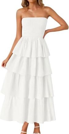 Generic Robe longue d&eacute;t&eacute; boh&egrave;me sans bretelles pour femme - Style d&eacute;contract&eacute; - Sans manches - &Eacute;paules d&eacute;nud&eacute;es - Smocks - Robe d&eacute;t&eacute; longue - Robe d&eacute;t&eacute; boh&egrave;me