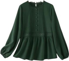 Generic Chemise de travail avec ceinture pour femme, haut ample &agrave; manches longues en dentelle de couleur unie, EN8, M