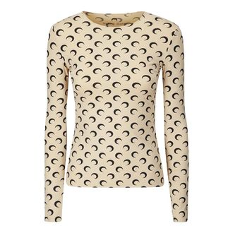 Marine Serre Femme, Tops, Beige, Taille: 42 FR Top col rond en jersey imprim&eacute; lune