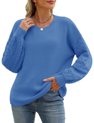 Heekpek Damen Pullover Herbst Winter Elegante Rundhals Langarm Strickpullover Warme Weich Winterpullover Damenpullover Lose Strick Pullover, Blau, M