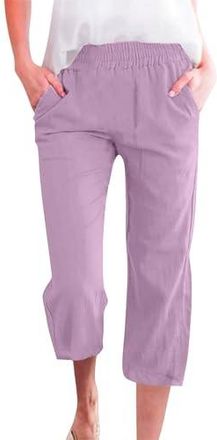 Generic Ydsxlp Pantalon d&eacute;t&eacute; en coton et lin pour femme - Couleur unie - Taille &eacute;lastique - Pantalon capri grande taille - Pantalon ample &agrave; jambe droite - Pan