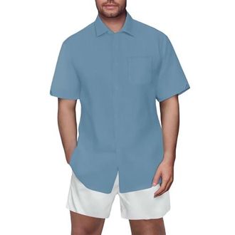 Generic T-shirt en lin blanc pour homme - Chemise en lin &agrave; manches courtes - Chemise en coton boutonn&eacute;e - Coupe ajust&eacute;e - Pour homme, bleu clair, 4XL