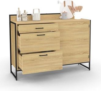 IDMarket Buffet Bas casserolier de Cuisine 120 cm Detroit Plan de Travail H.83 cm 1 Porte + 3 tiroirs Design Industriel