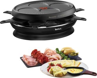 T-fal RE320812 Crêpparty 2-in-1-Raclette-Gerät mit integrierter Aufbewahrung, Powerglide-Antihaftbeschichtung, spülmaschinengeeignet, 8 Platten, 1050 W Crêp