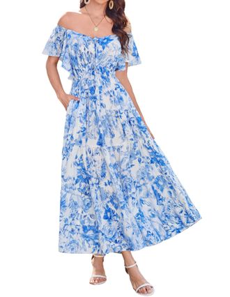 Grace Karin Damen Casual Blumenkleid Kurzarm V-Ausschnitt Maxikleid Boho Kleid Festlich Kleid Hochzeitsgast Blau-Weiße Blumen M