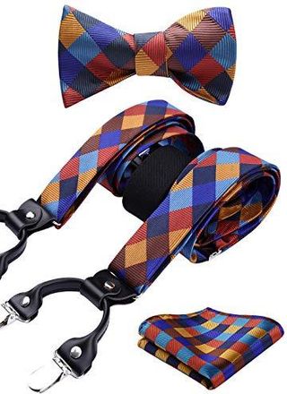 Hisdern Bretelles pour Hommes Noeud Papillon Ray&eacute; Bretelle et Mouchoir Ensemble avec 6 clips Bretelles Fantaisie Noeuds Papillon Mouchoir de Poche cadeaux hom