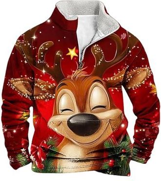 Generic Pull de Noël pour homme avec imprimé Père Noël amusant et fermeture éclair quart de long, col doublé en polaire, imprimé graphique de Noël, sweatshirt