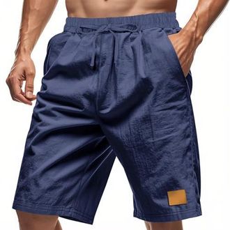 Generic Short d&eacute;t&eacute; en coton et lin pour homme, taille &eacute;lastique, multi-poches, uni, confortable, respirant, longueur genou, tendance, r&eacute;tro, respirant, bleu m