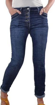 Jewelly Jean stretch - Coupe Baggy Boyfriend - Pantalon pour femme avec boutonni&egrave;re d&eacute;corative - Ajustement parfait, bleu fonc&eacute;, XS