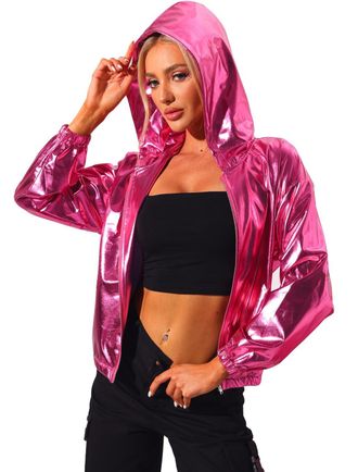 Allegra K Holografische Party-Jacke für Damen, schimmernd, glänzend, leicht, mit Reißverschluss und Kapuze, Metallic, Knallpink (Hot Pink), XL