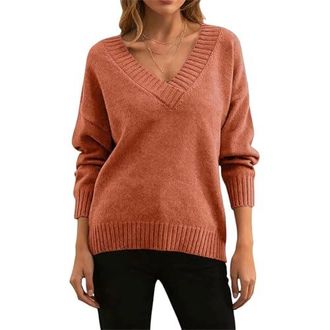 Generic Pull court à manches longues raglan double face et col en V pour femme, haut court pour lautomne ample, couleur unie, pull surdimensionné en tricot, O