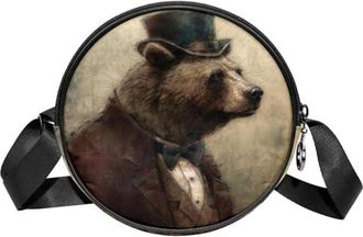 Generic Sac &agrave; bandouli&egrave;re rond pour femme, motif ours vintage, petit sac &agrave; bandouli&egrave;re avec fermeture &eacute;clair, bretelles r&eacute;glables, sac &agrave; main rond d&eacute;contract&eacute;