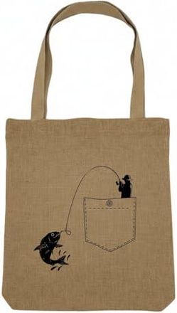 Fabulous Sac Shopping Tote Bag Aspect Lin - Pecheur Poche Surprise Poisson Dessin - Sac de Courses Toile Epaisse 360g Beige Naturel Cabas Port&eacute; Epaule Solide I