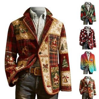 Generic Blazer de Noël vintage en velours côtelé pour homme - Veste de costume de Père Noël à manches longues et revers boutonné - Tenue de Noël décontractée 