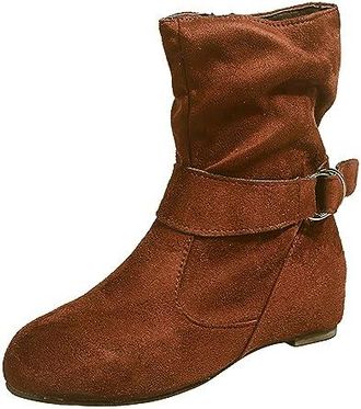 Generic Bottines pour femme - Large mollet - Style d&eacute;contract&eacute; - &Eacute;l&eacute;gantes - Couleur unie - Boucle r&eacute;tro - Fermeture &eacute;clair lat&eacute;rale - Confortable - &Agrave; enfiler