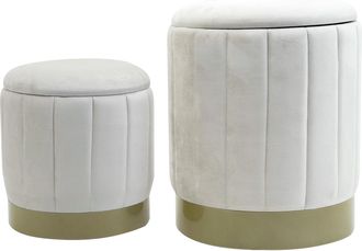 Mobili Rebecca Set 2 Aufbewahrungspoufs, Pouf Hocker mit Samteffekt, Weiß, Polyesterstoff MDF Stahl, mit Deckel, klassischer Stil - Maße HxBxT: 44 x 35,5 x 35,5 cm -