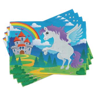 Abakuhaus Fantasie Platzmatten 8 St&uuml;ck, Regenbogen Schloss Fliegender Pegasus Einhorn in Kinder Cartoon Stil Druck, Waschbare Stoff Esszimmer K&uuml;che Tischdekorat