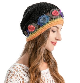 ZLYC Damen Sommer Strickmützen Handgemacht Häkelmütze Slouch Beanie Mütze(Bunte Blume Schwarz),Einheitsgröße