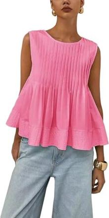 Generic Haut p&eacute;plum pliss&eacute; sans manches pour femme, d&eacute;bardeur d&eacute;t&eacute; &agrave; volants, chemisier nuisette d&eacute;contract&eacute;e fronc&eacute;e fluide, rose, XS