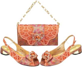 Generic Chaussures et sacs pour femme Nigeria - Chaussures de fête et sac pour femme - Escarpins à bout ouvert en cristal avec sac à main, Orange, 40.5 EU